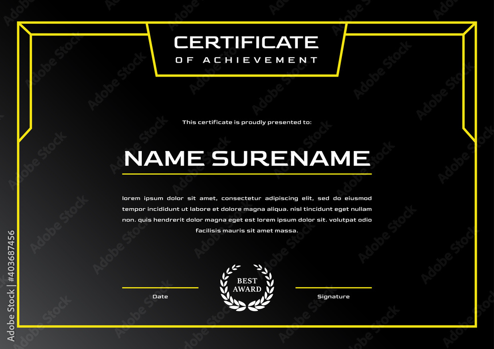yellow certificate of achievement template. certificate design for ...