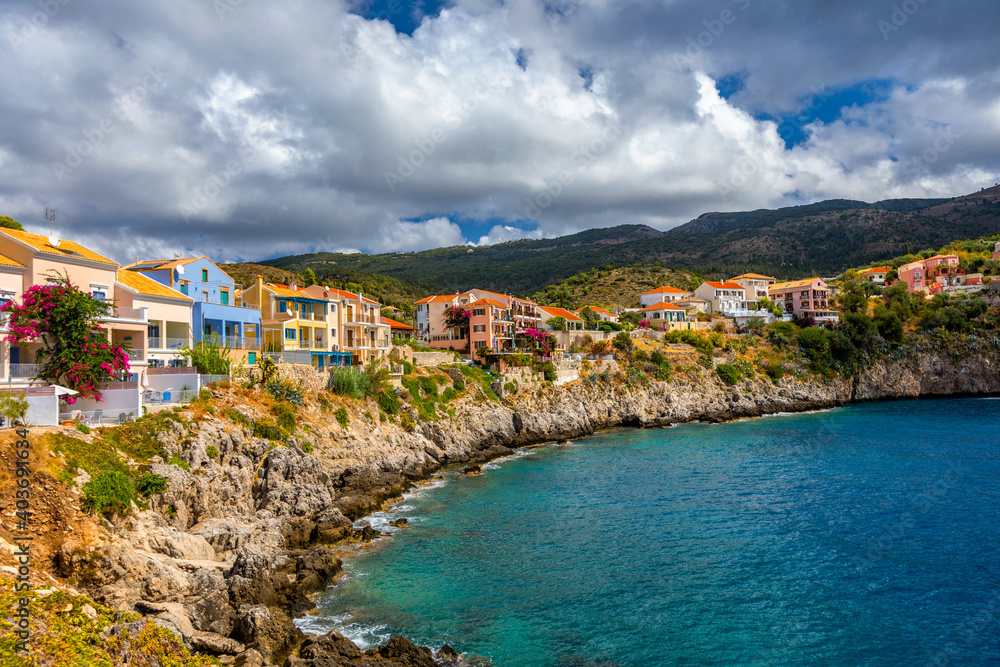 Assos village in Kefalonia, Greece. Turquoise colored bay in ...