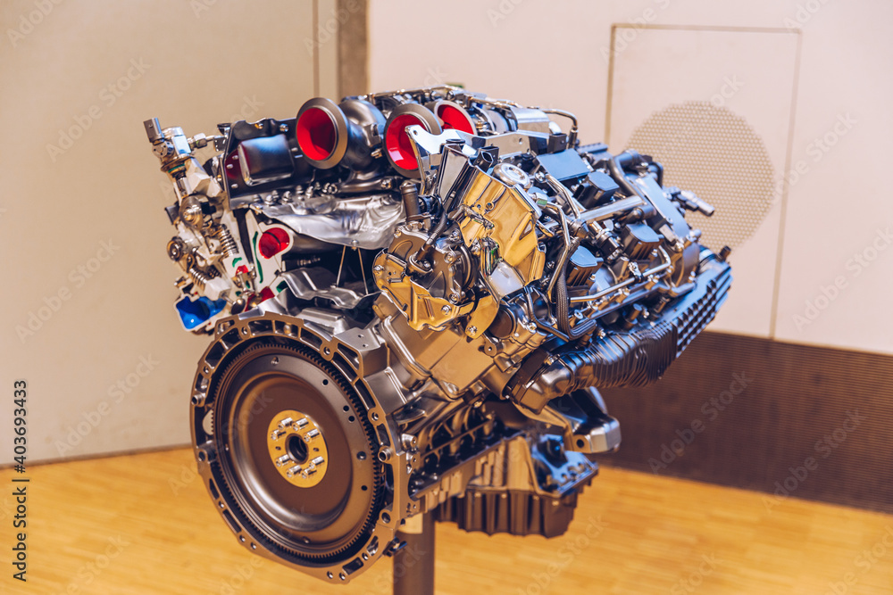Powerful engine of a car. Internal design of engine. Car engine part ...