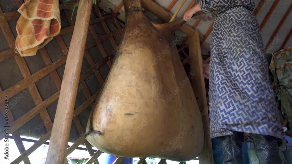 Leather bottle filled with horse milk for making kumis.Kumiss koumiss ...