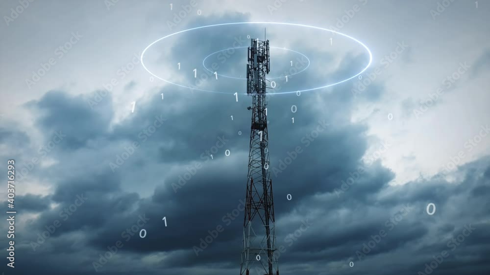 5G Telecom Tower Timelapse. Cloudy Sky Moving Fast, Graphic Motion of ...