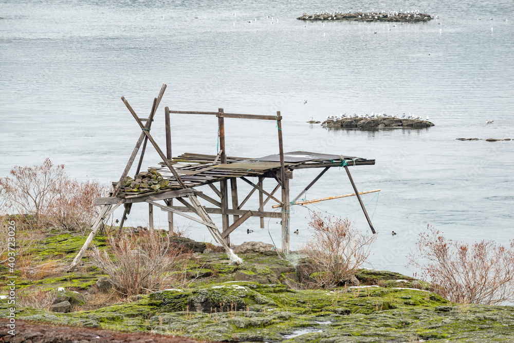 Native American Indian Salmon Fishing Platform constructed of wood and ...