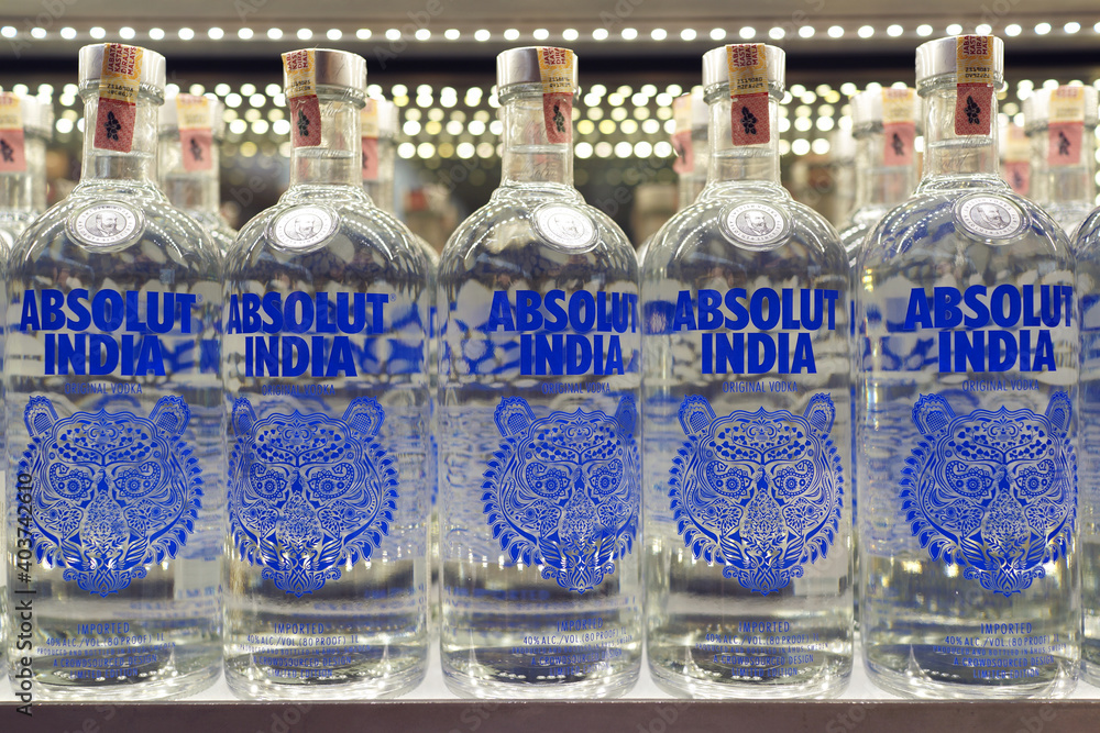 Absolute vodka bottles on store shelf in KLIA 2 Airport. The Swedish ...