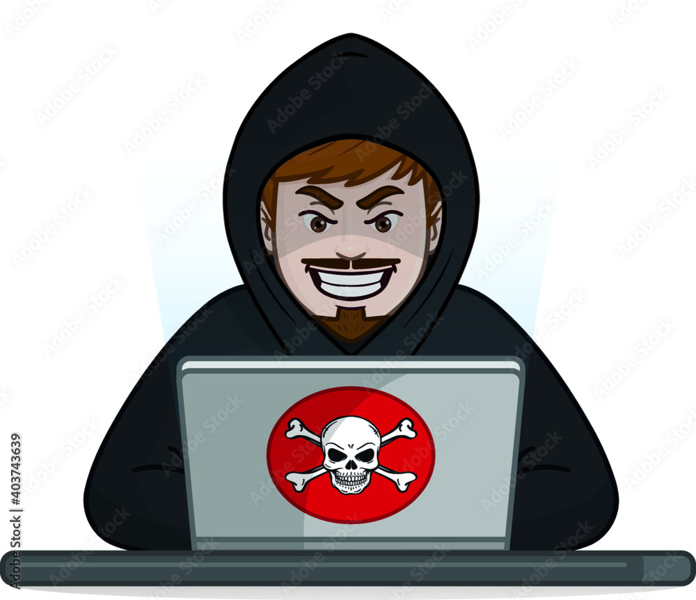 black hoodie hacker making a cyber attack on laptop and laughing evil ...