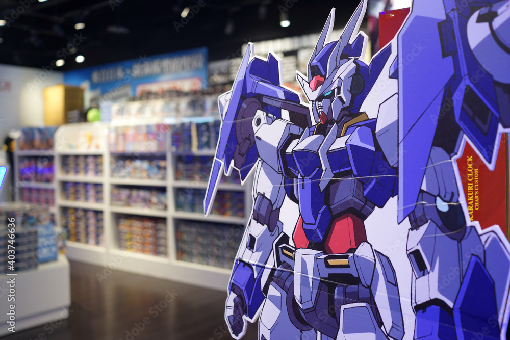 Gundam model display on store shelf in Syntrend Mall, Taiwan. It is a ...