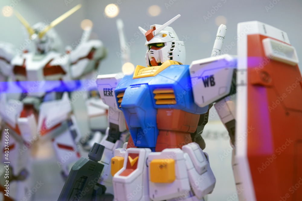 Gundam model display on store shelf in Syntrend Mall, Taiwan. It is a ...