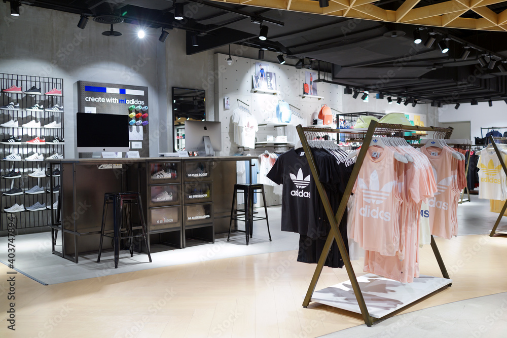 Interior view of Adidas retail store in Taipei 101 Mall, Taiwan. Adidas ...