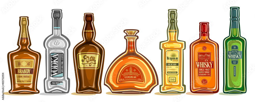 Vector Set of Alcohol Bottles, group of cut out illustrations of hard ...