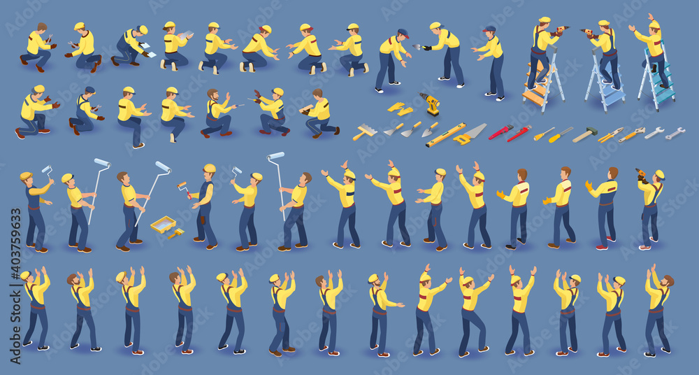 Set of isometric Workers. Repairers in overall, various poses. Vector ...