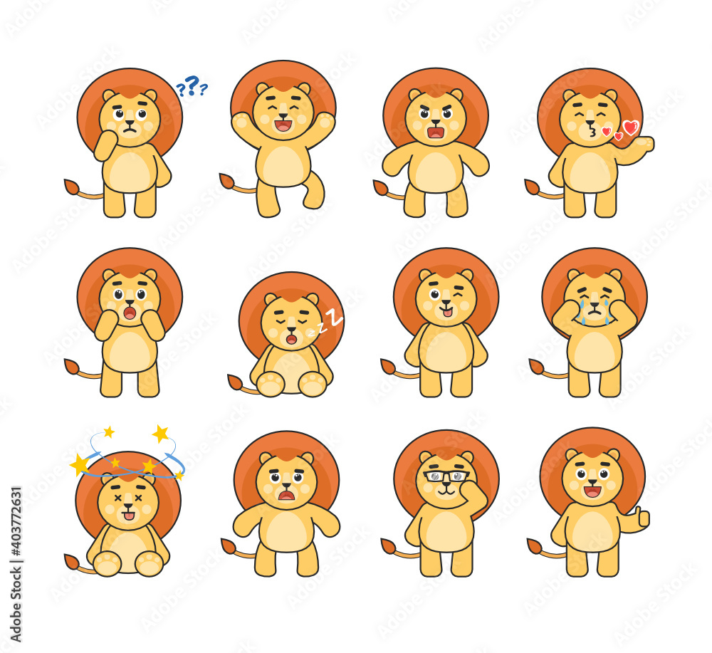 Set of cute lion character showing various emotions, poses. Cartoon ...