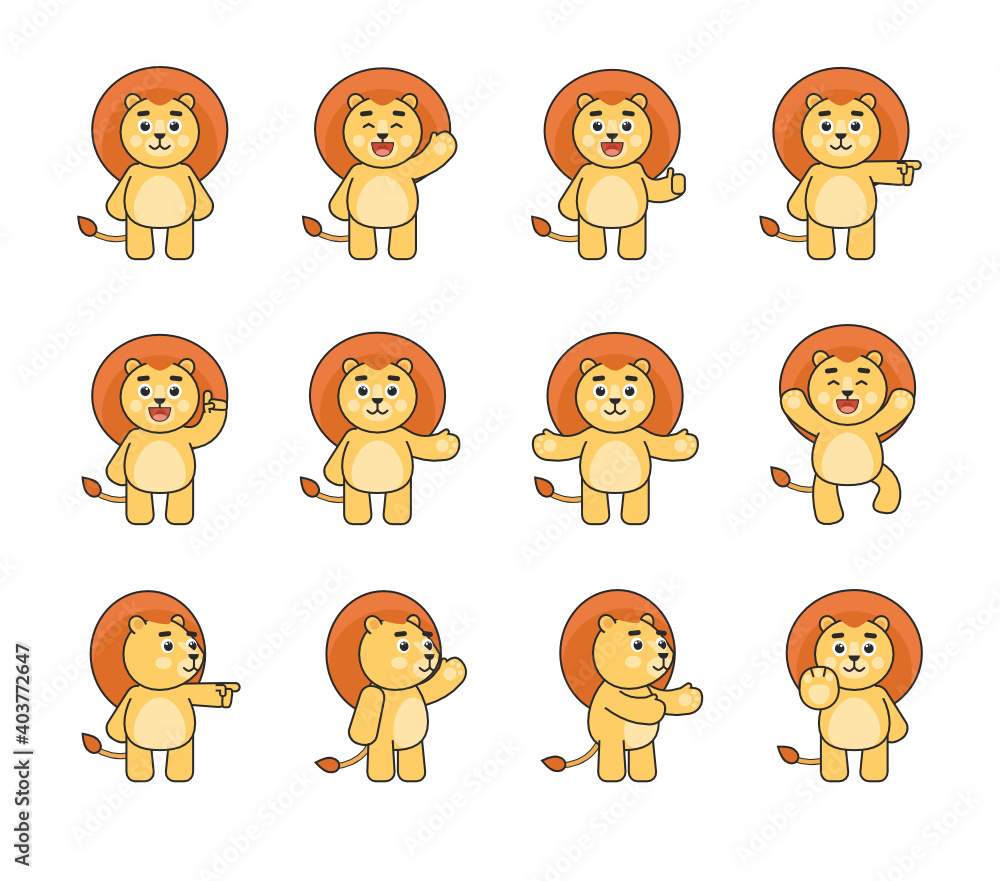 Set of cute lion character showing various gestures, poses. Cartoon ...