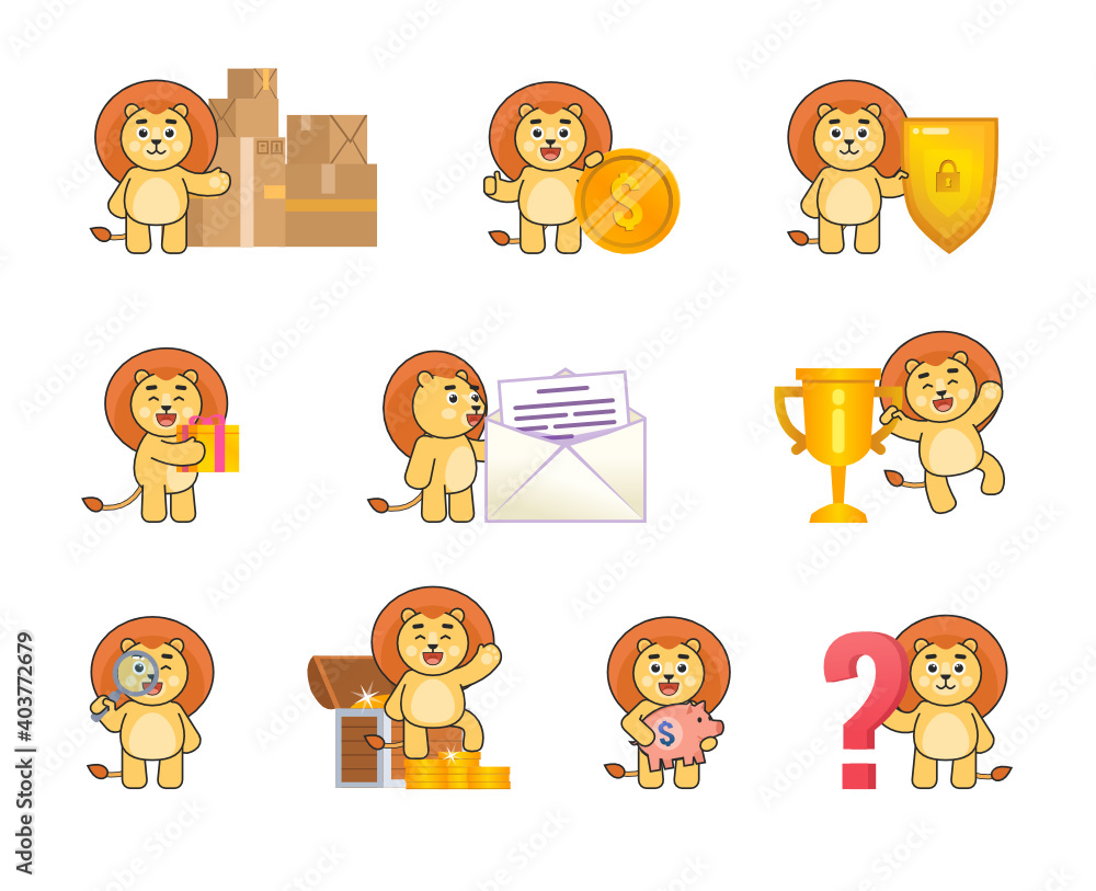 Set of lion characters showing various actions. Cute lion mascot ...
