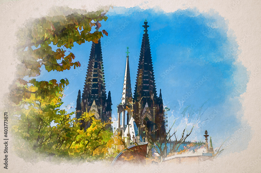 Watercolor drawing of Two huge spires of Cologne Cathedral Roman ...