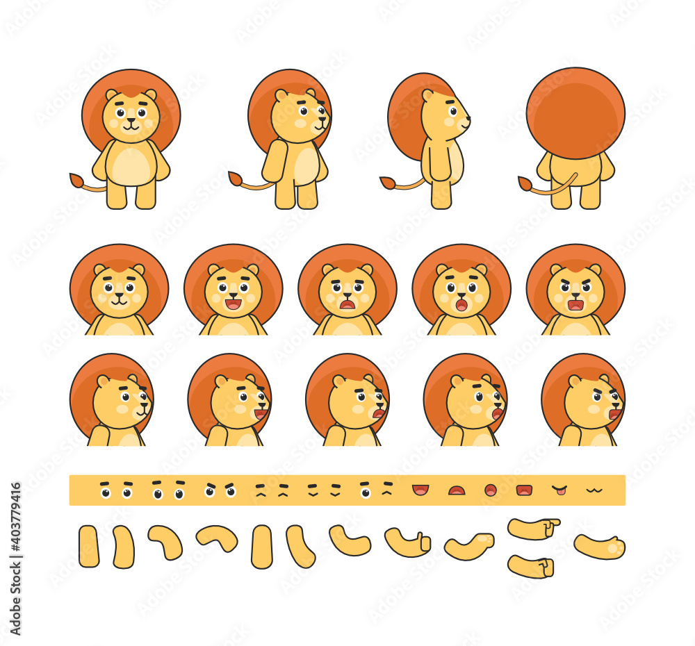 Cartoon cute lion character creation kit. Create your own pose, action ...