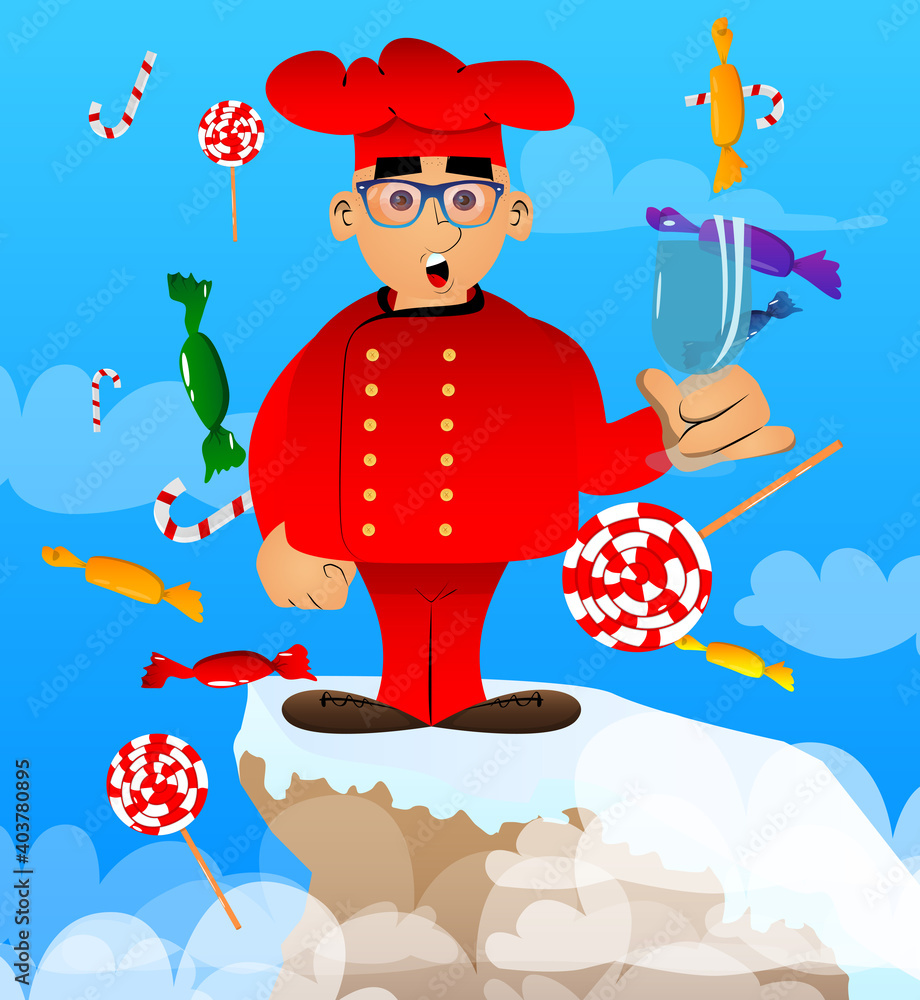 Fat male cartoon chef in uniform with a glass of water. Vector ...