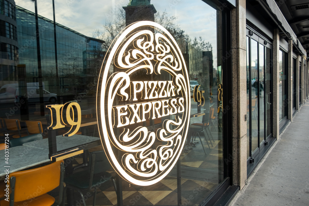 London- Pizza Express logo. A large British based pizza restaurant ...