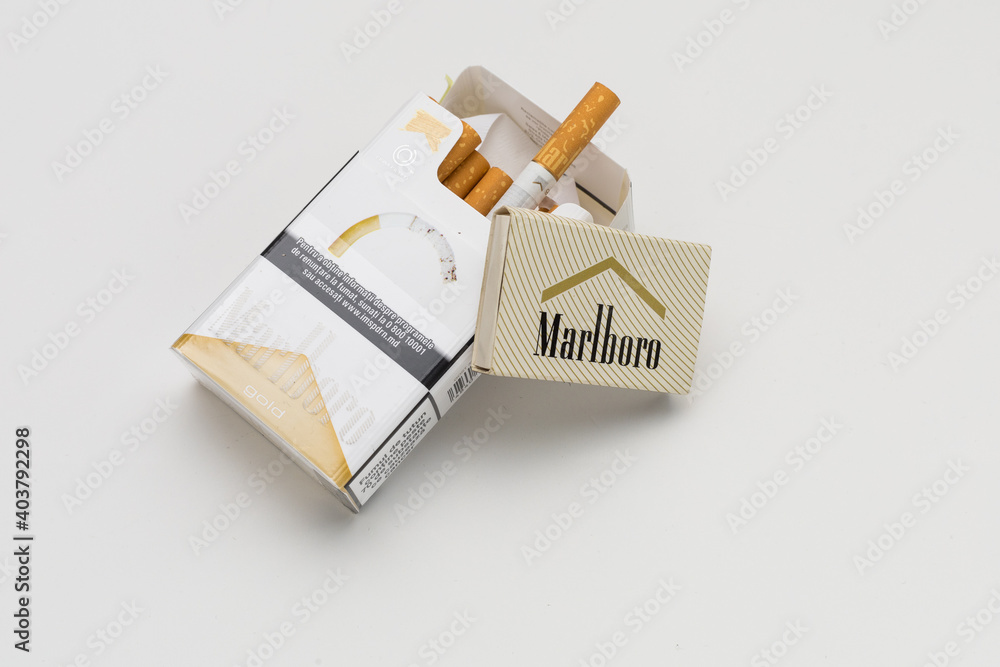 January 8, 2020 Balti Moldova a pack of Marlboro cigarettes on light ...
