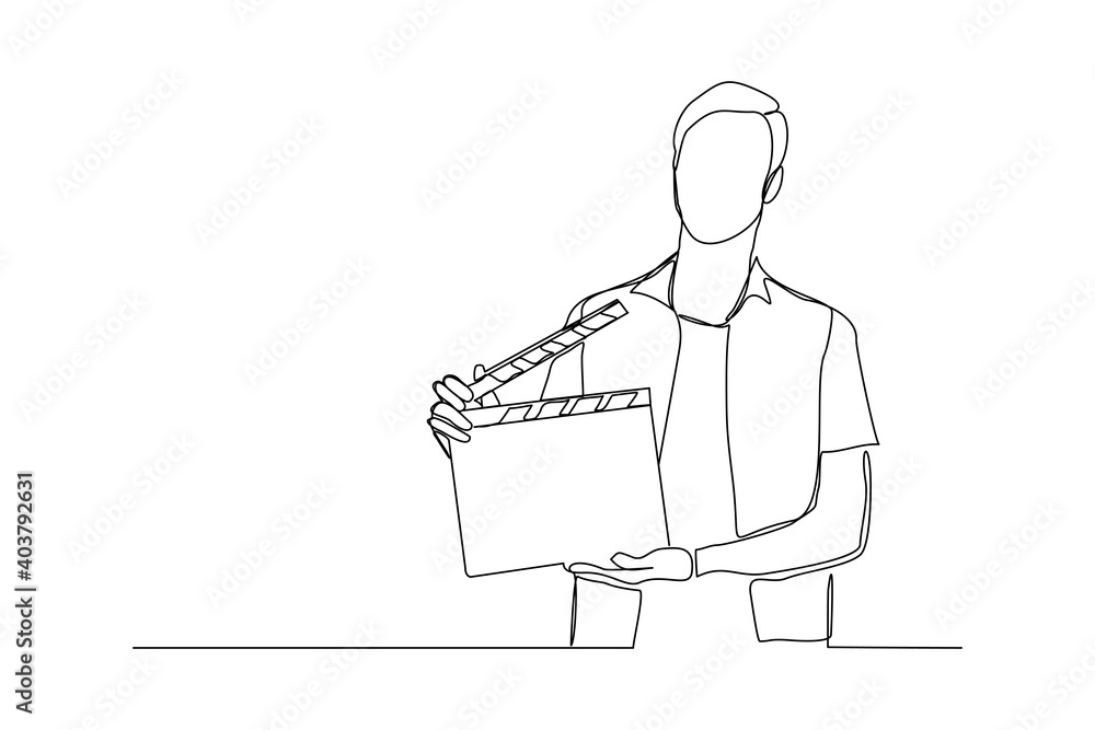 Continuous line drawing of man hold retro old classic movie board ...