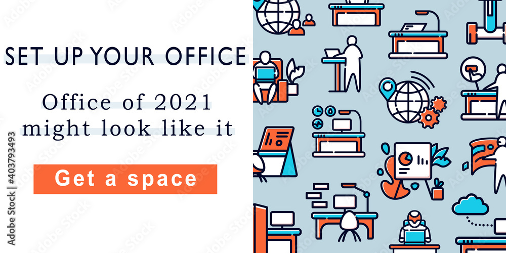 Futuristic office innovations web banner. Set up your office. Office of ...