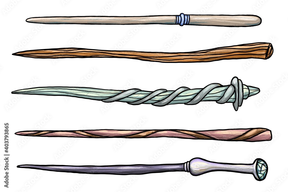Set of five different magic wooden wands. Magical wizard items ...