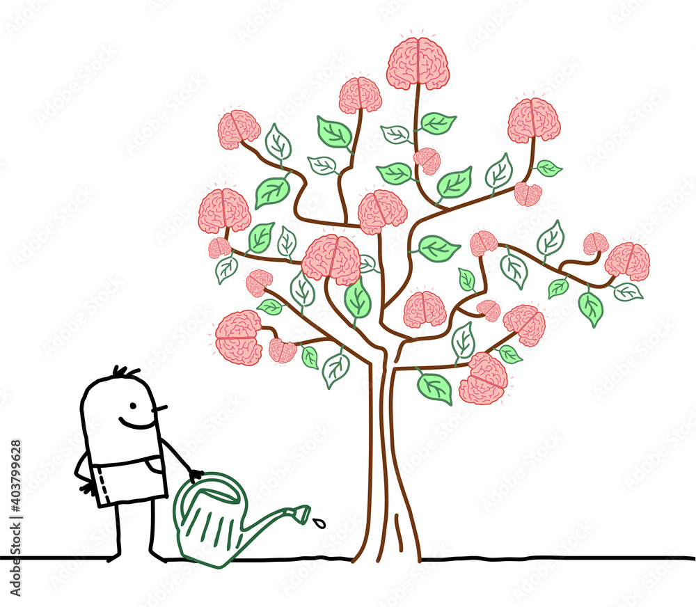 Cartoon Man Watering a big Tree with Brains Stock Vector | Adobe Stock