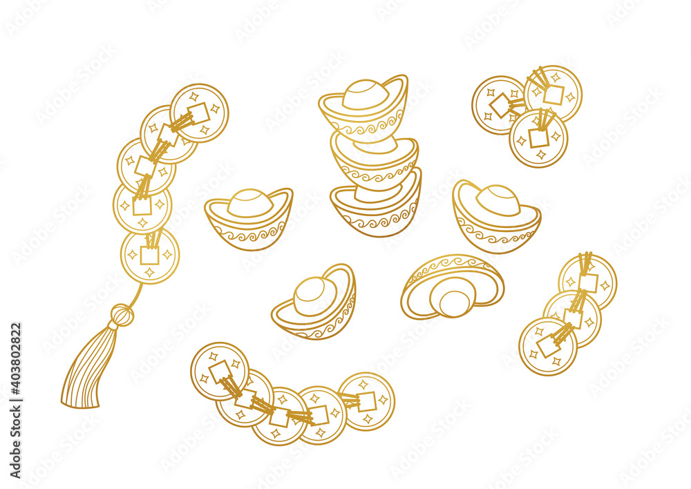 Vector set with line art illustration of Сhinese gold ingots, coins ...