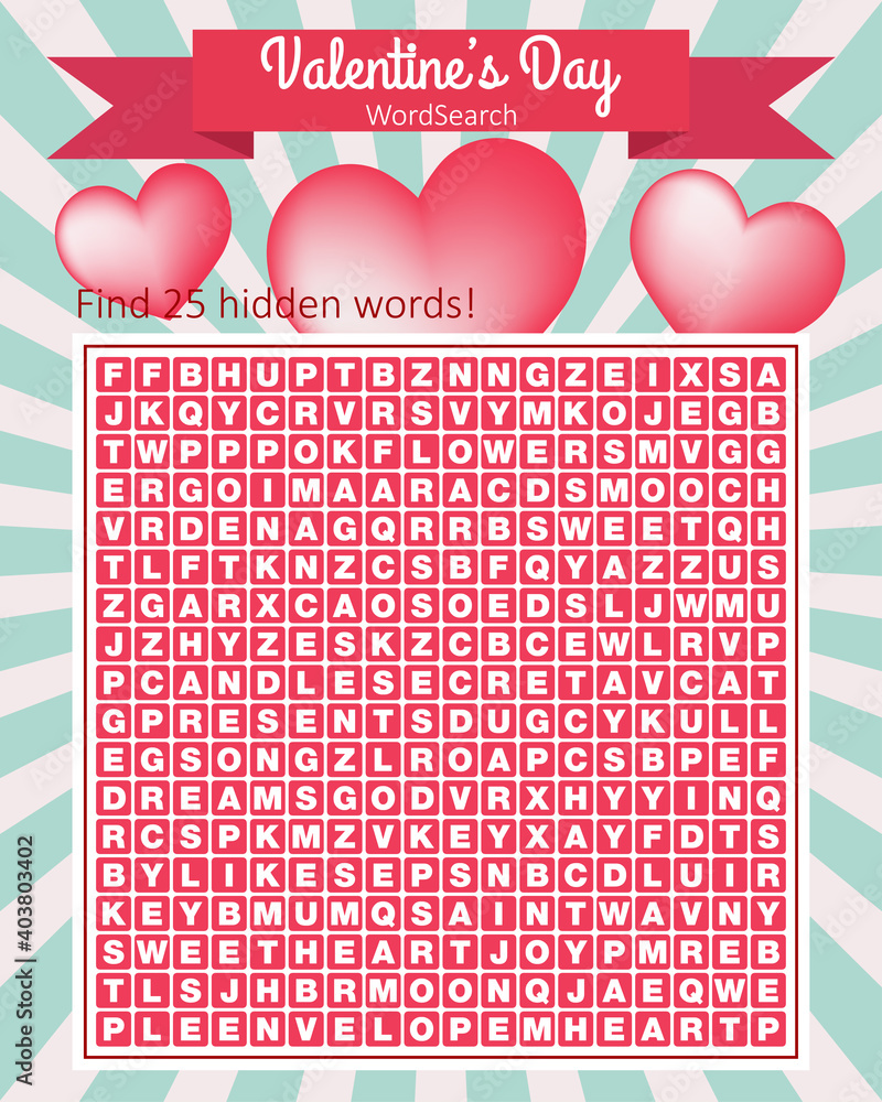 Valentine's Day word search puzzle. Educational game for learning ...