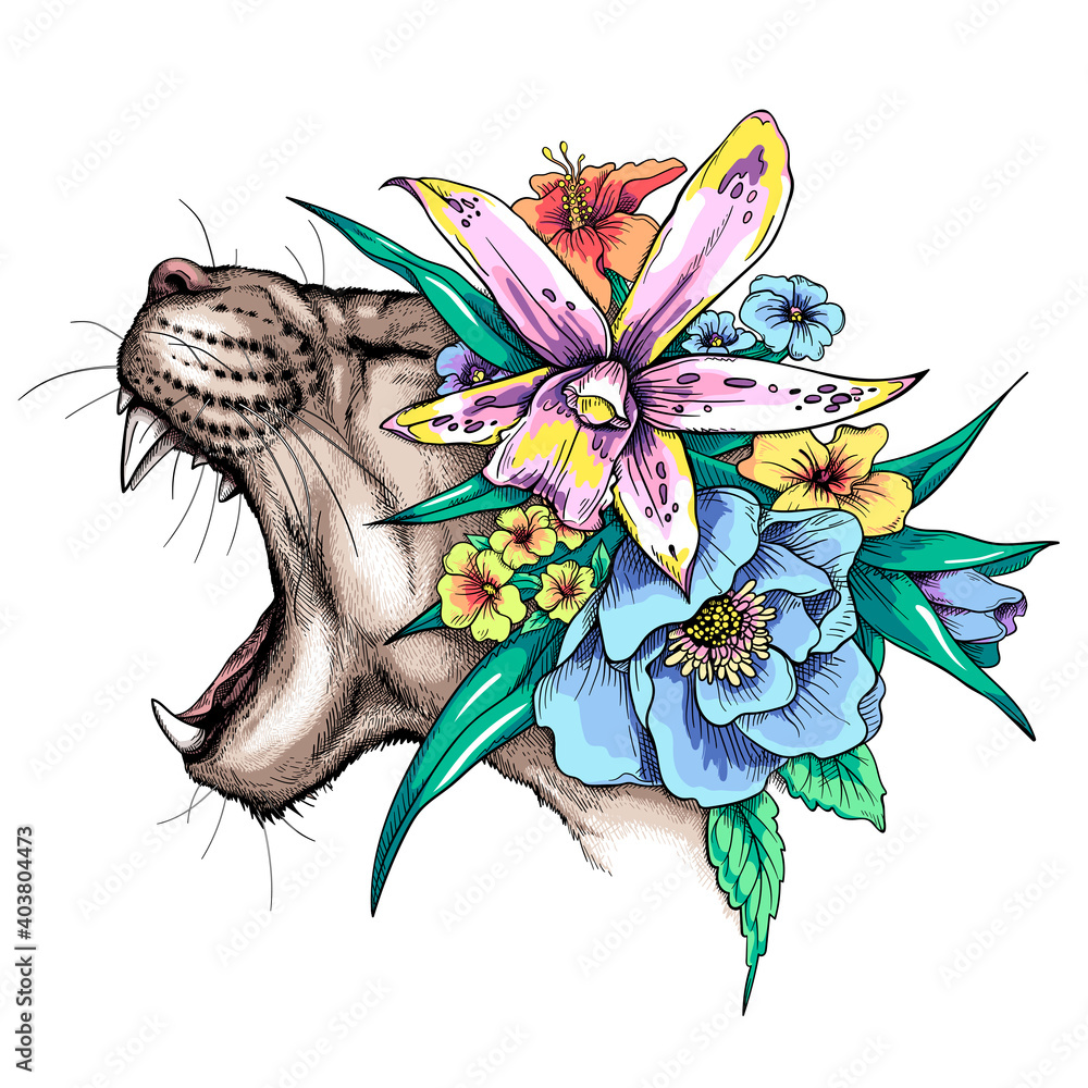Cartoon angry wild cat head in a floral wreath. Beautiful predator with ...
