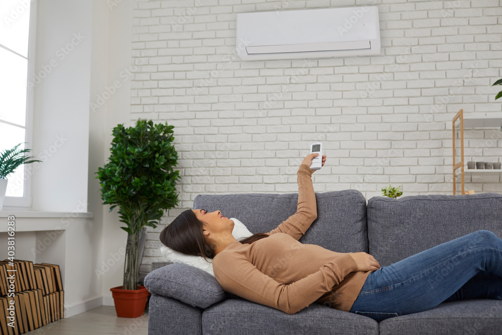 Making life easy. Happy relaxed woman lying on comfortable sofa in ...