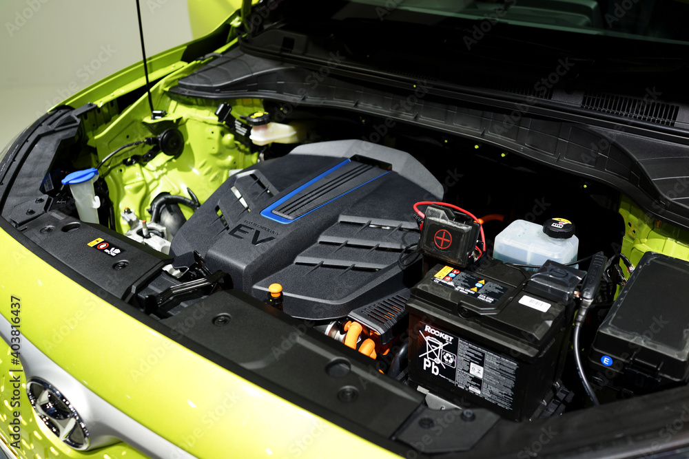 Hyundai Kona Electric car engine display in the exhibition hall. The ...