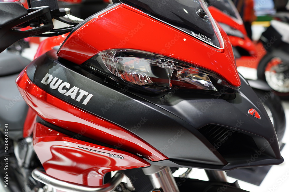 Close up elegant Ducati logo sign on motorcycle display in exhibition ...