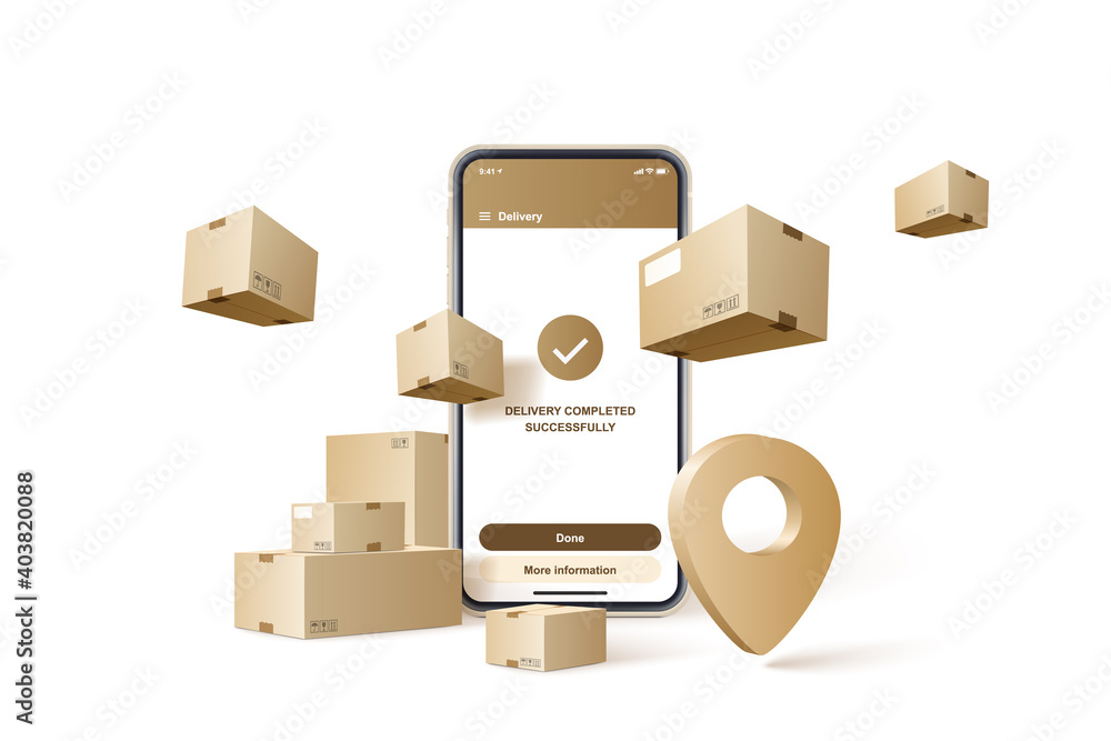 Realistic parcels and phone with shadow isolated on white background ...