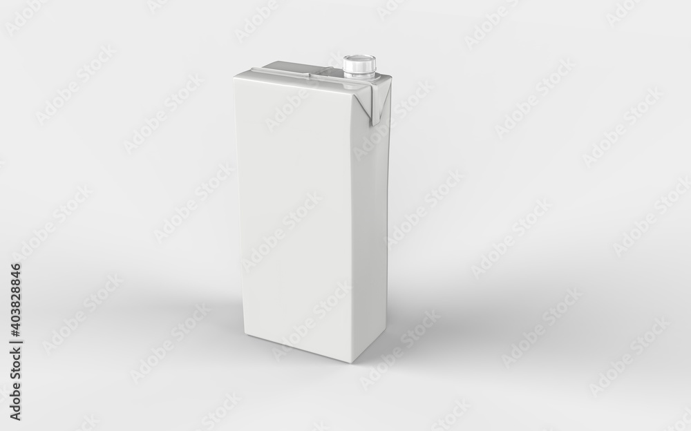 Blank white juice pack mockup, stand isolated, 3d rendering. Empty milk ...