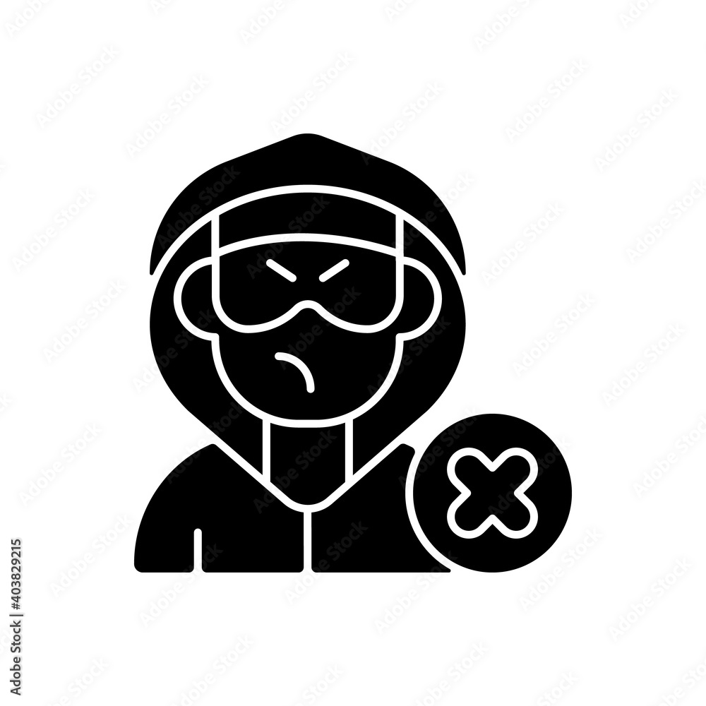 Block or mute harasser black glyph icon. Ban internet troll ...