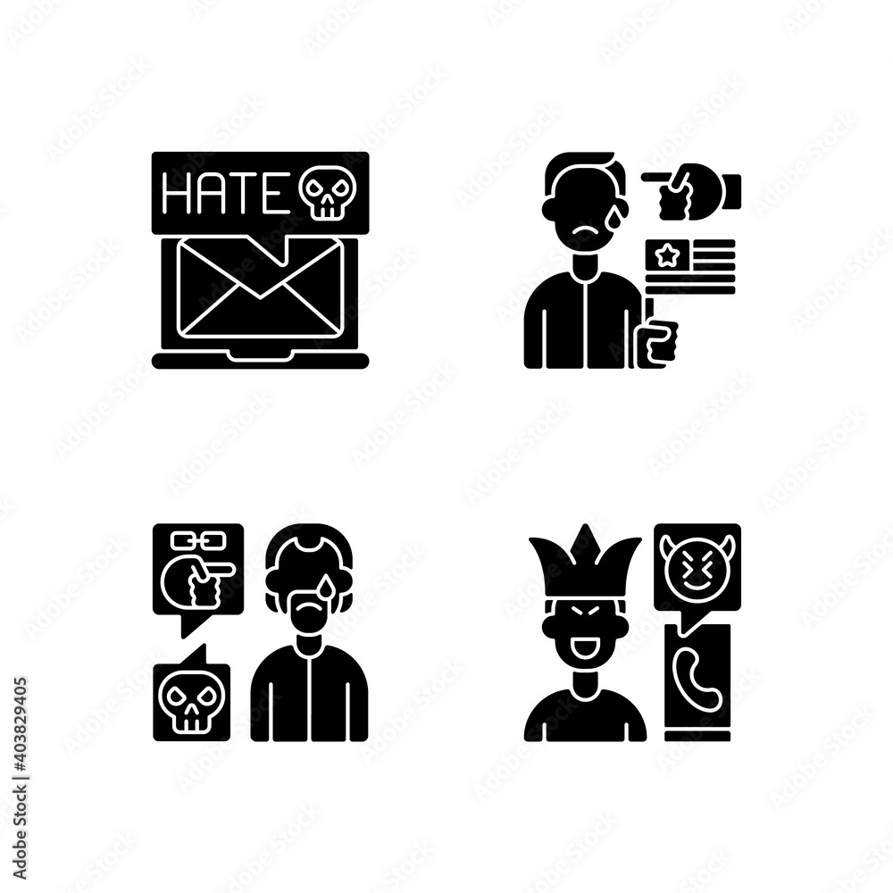 Offensive comments online black glyph icons set on white space. Email ...