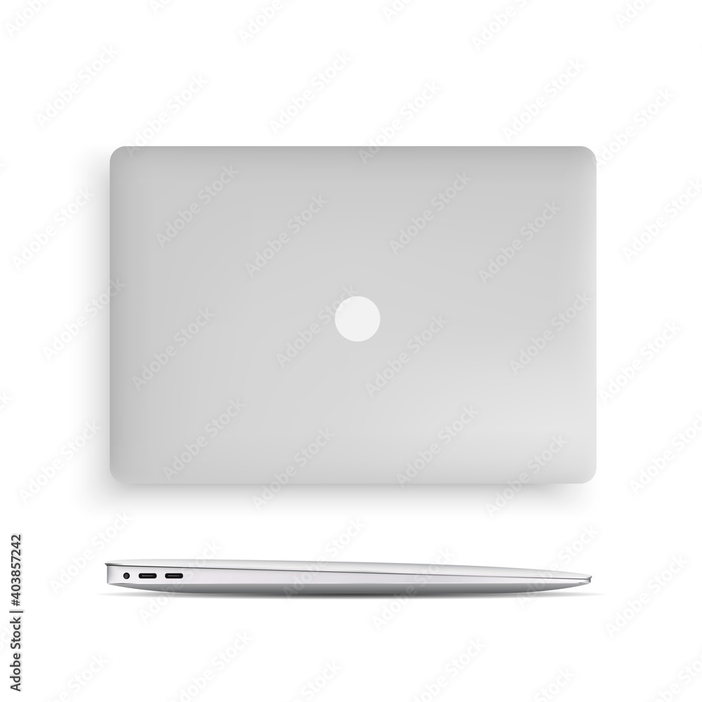 Set of laptops. Closed laptop side view and top view. Vector portable ...