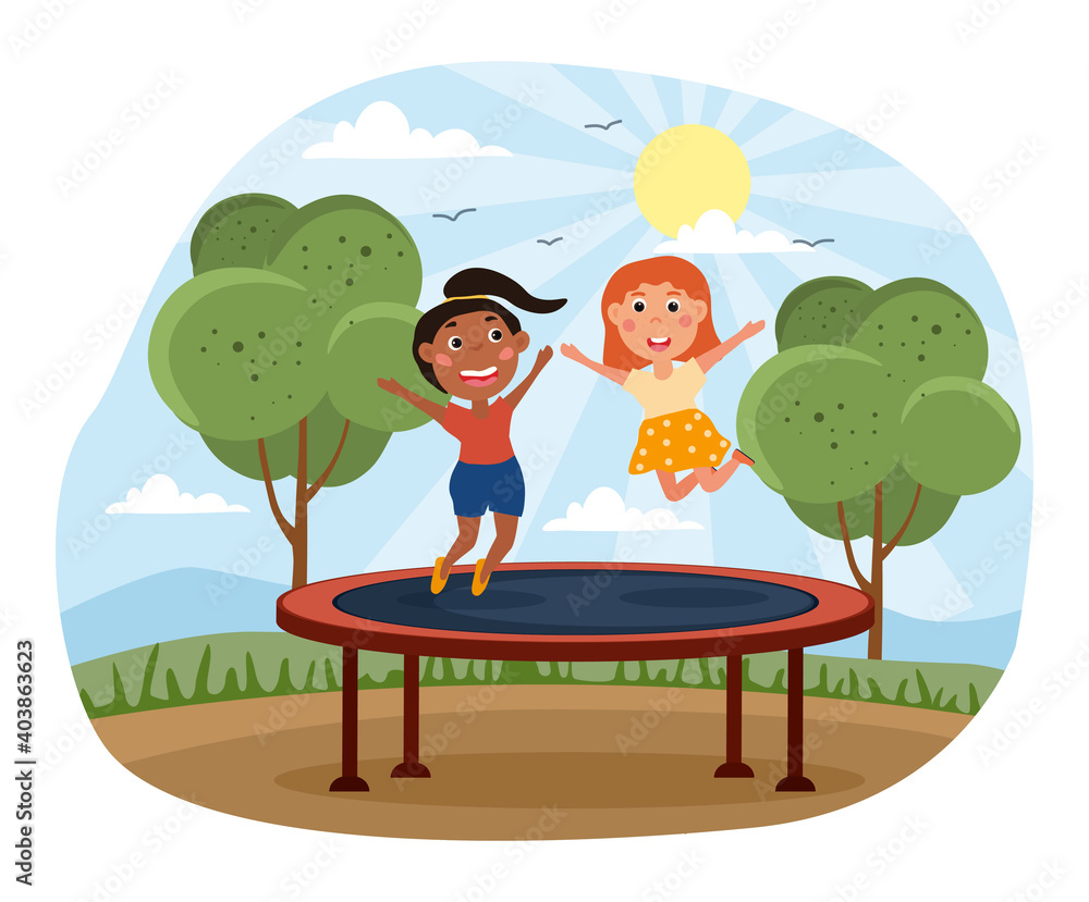 Two little girls are jumping on a trampoline in summer in park. Flat ...