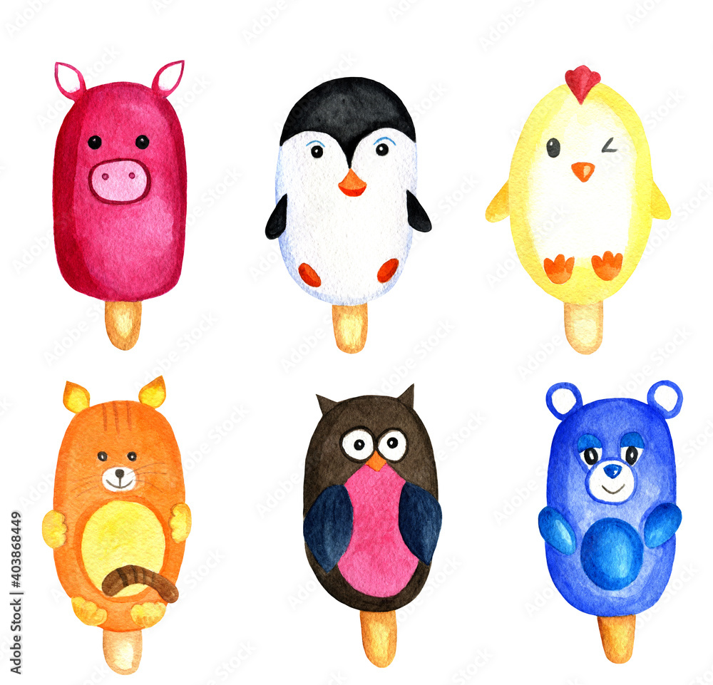 Watercolor illustration.Children's ice cream on a stick with the image ...