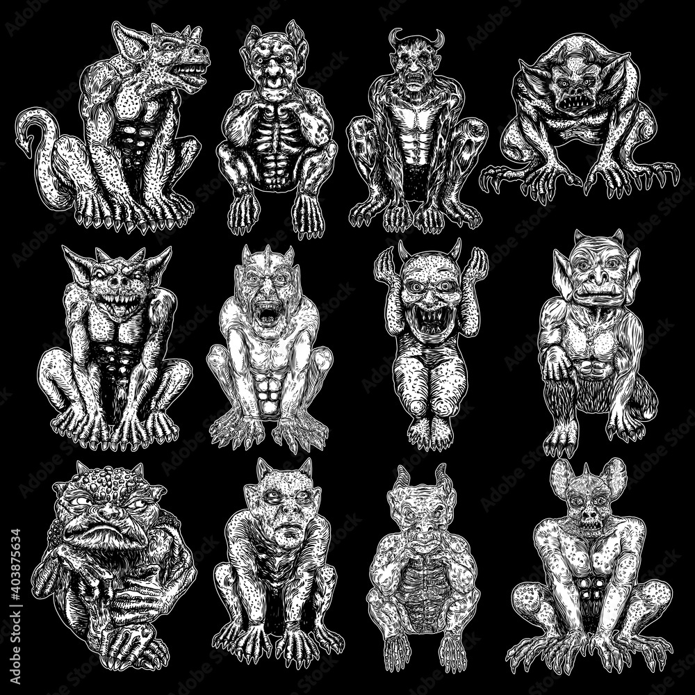 Set of demon vampires, human like monsters creatures chimera with fangs ...