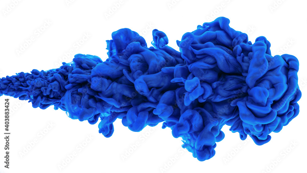 Blue acrylic ink froze very close in the water on a white isolated ...