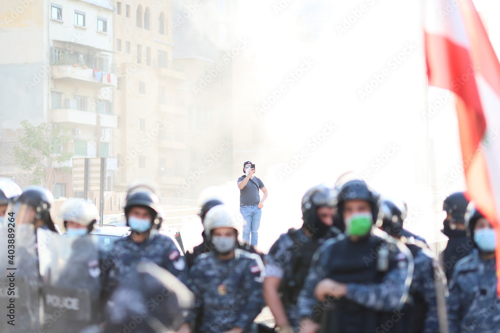 protestors rioting in the street of beirut lebanon during the day ...