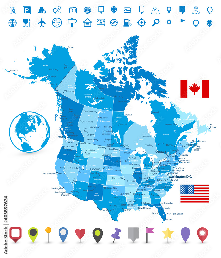 USA and Canada large detailed political map in colors of blue Stock ...