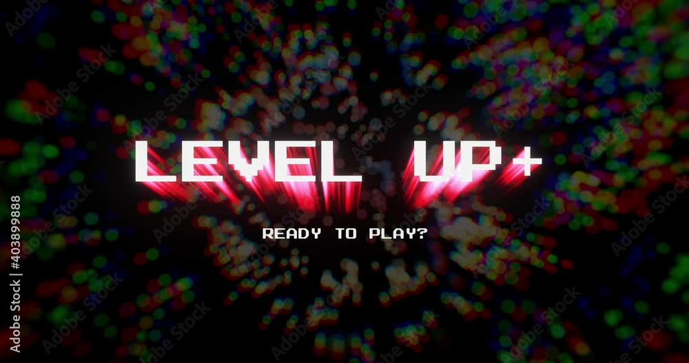Screen animation with glitch and 8bit transition with text LEVEL UP as ...