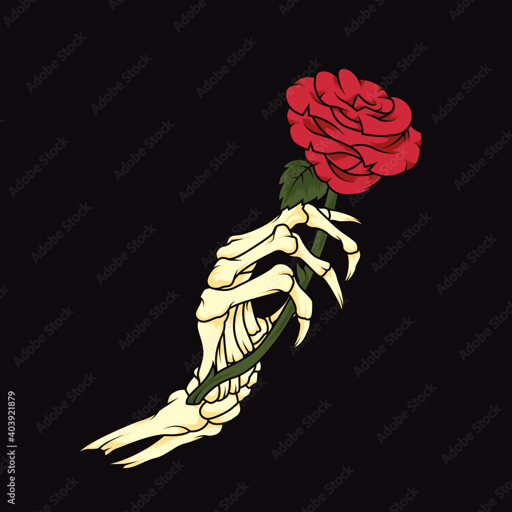 Skeleton hand holding rose. Vector illustration of skeleton hand ...