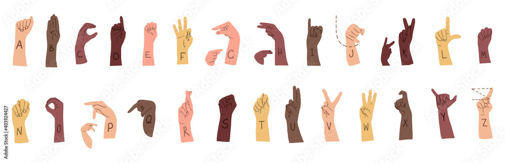 American sign language alphabet horizontal poster with many races hands ...