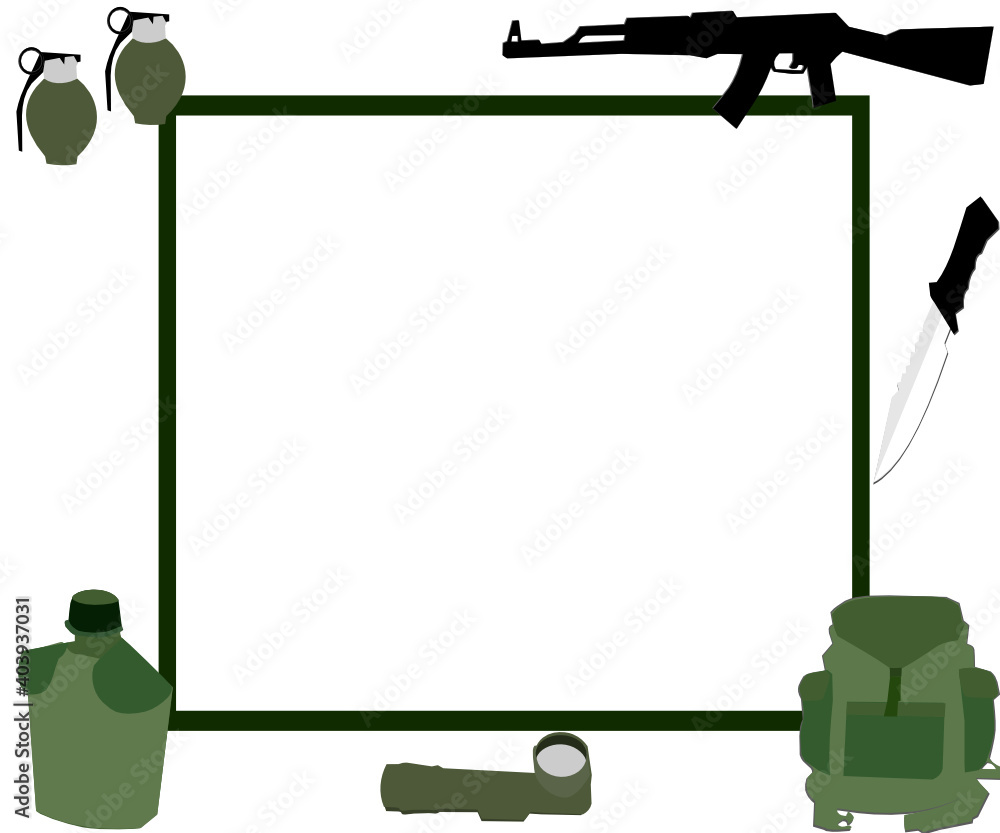 Frames, borders, Military backpack, rifle and ammunition Water bottle ...