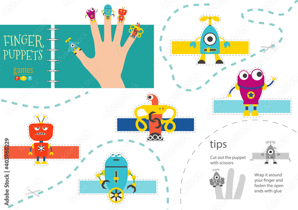 Vector robotics as finger puppets. Cut and glue activity for preschool ...