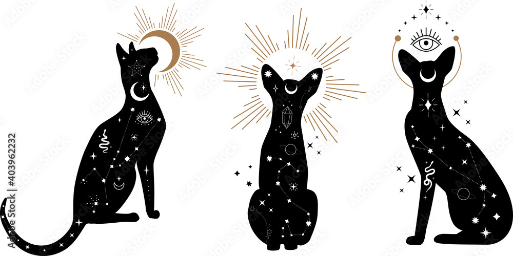 Set of black magical cats, Mystic Sphynx cat with crescent moon ...