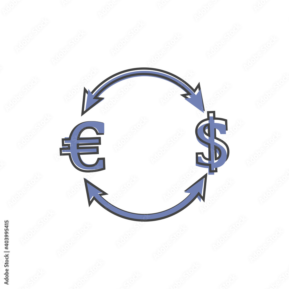 Vector arrow and euro dollar sign icon on cartoon style on white ...