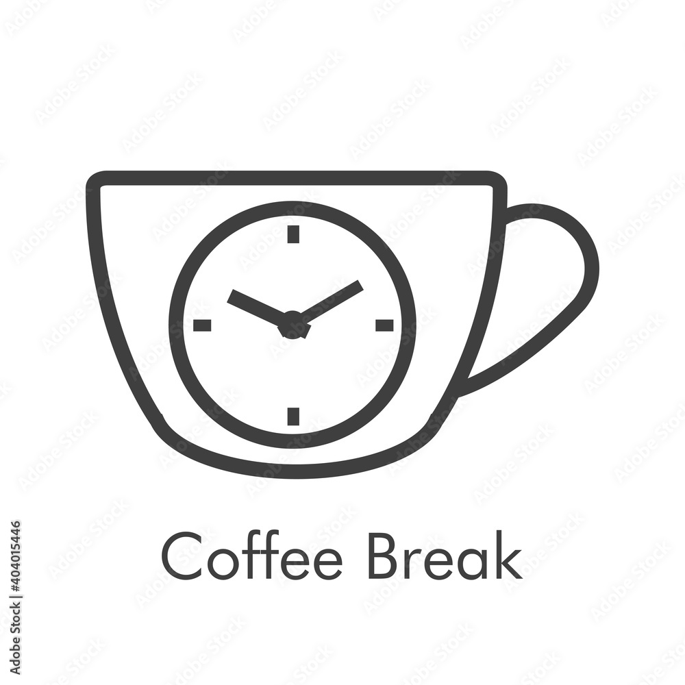 Logotipo Coffee Break. Icono taza de café con reloj simple con lineas ...